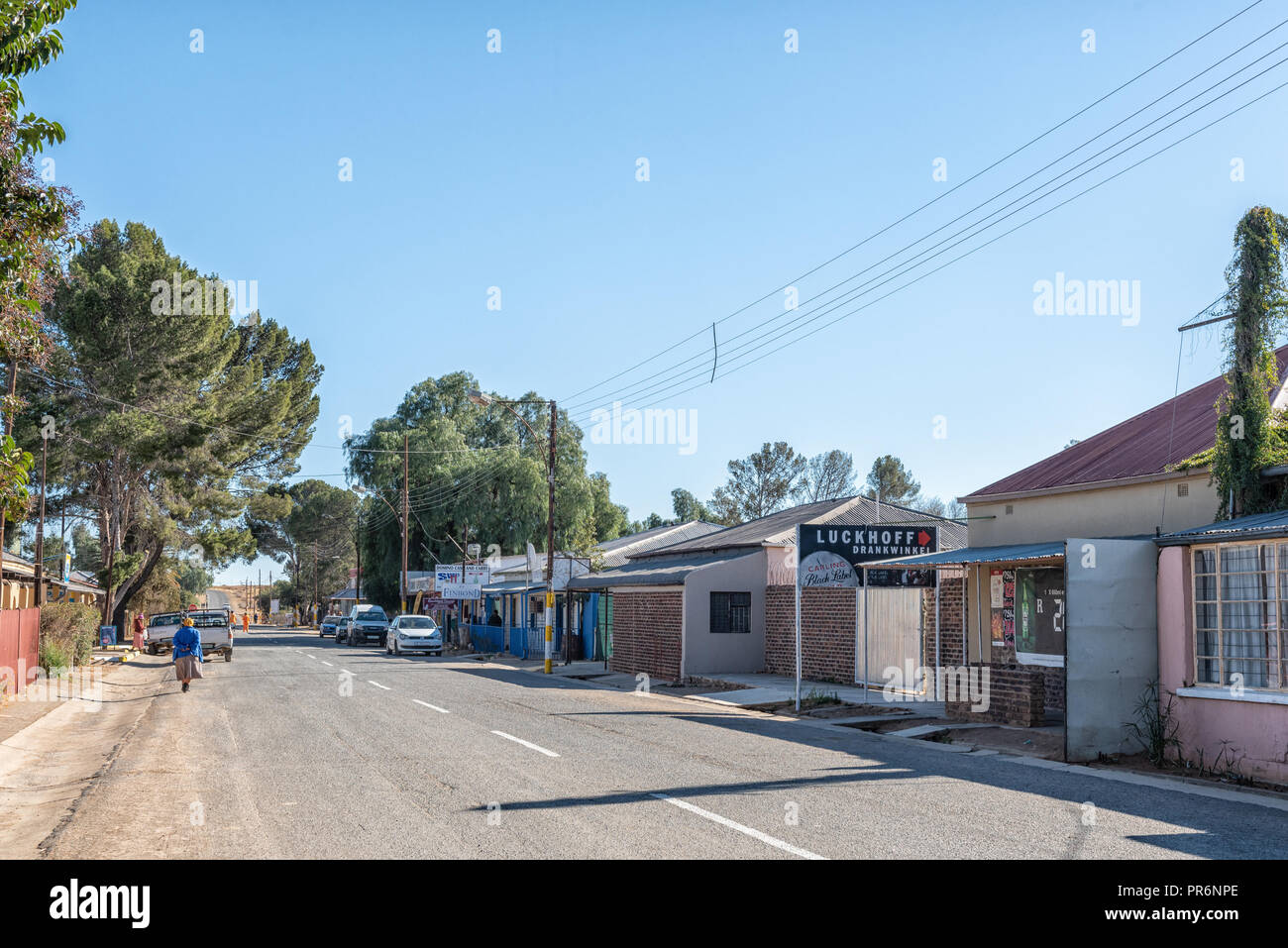 LUCKHOFF, SOUTH AFRICA, AUGUST 6, 2018: A street scene, with businesses ...