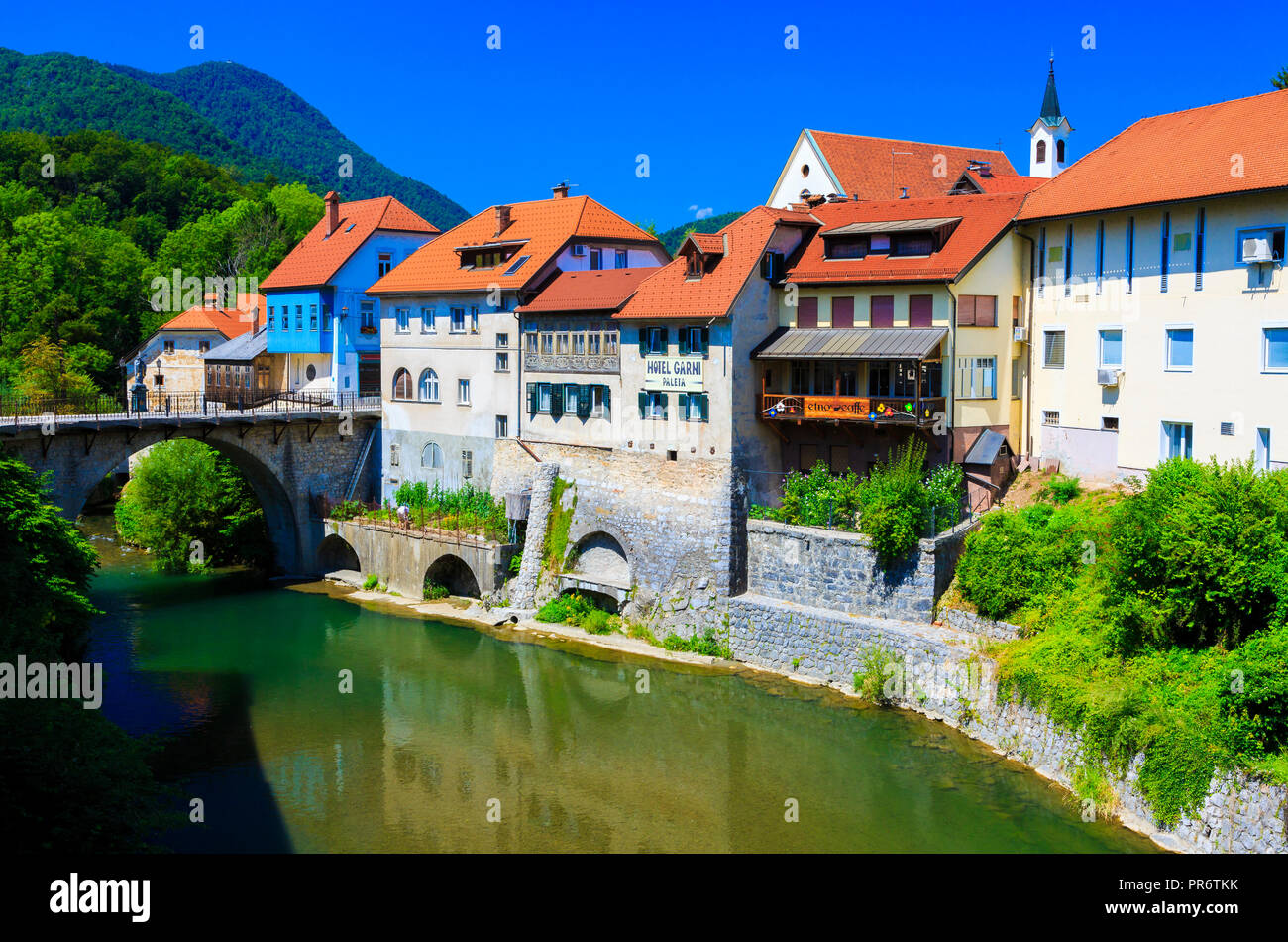 The Selca Sora River and Cappuchin Bridge in Skofja Loka Stock Photo ...