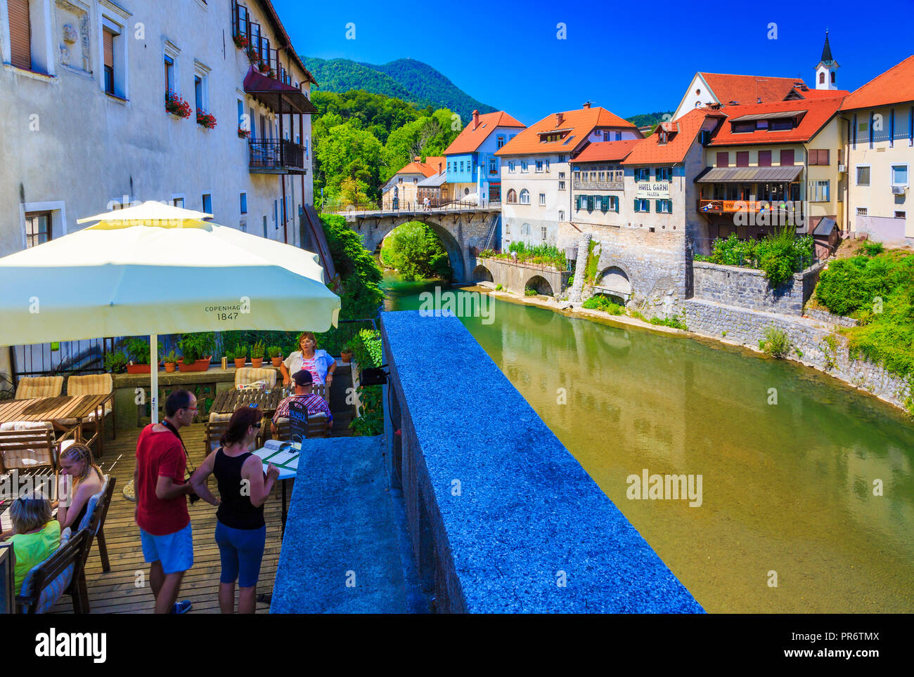 The Selca Sora River and Cappuchin Bridge in Skofja Loka Stock Photo ...