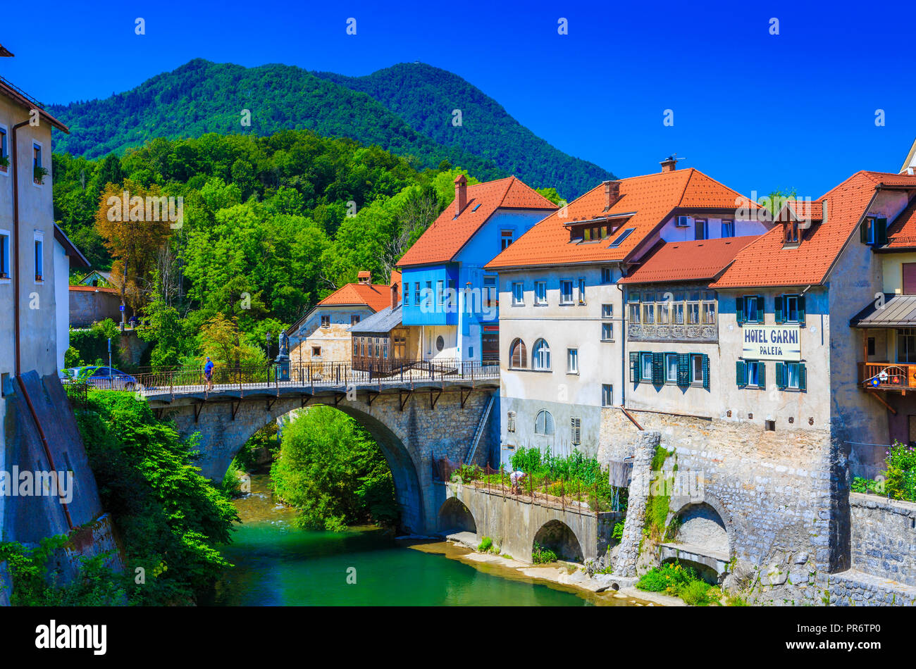 The Selca Sora River and Cappuchin Bridge in Skofja Loka Stock Photo ...