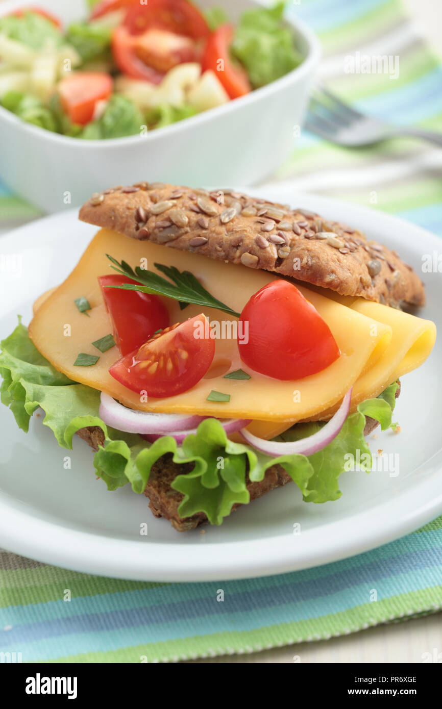 Sandwich with rye bread, yellow cheese, cherry tomato, red onion ...