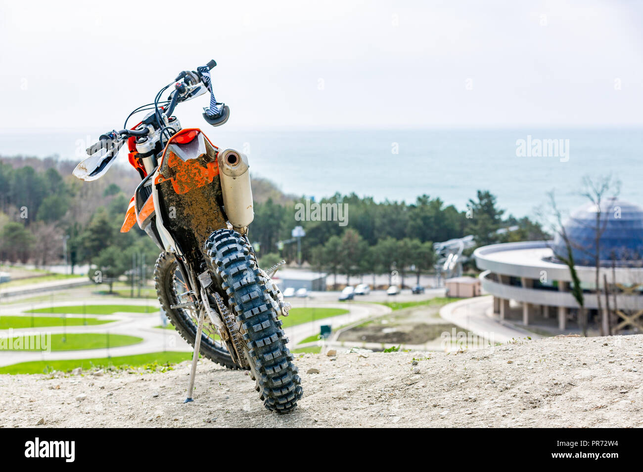 Sport motorcycle parking on the road. Side view, close up Stock Photo ...