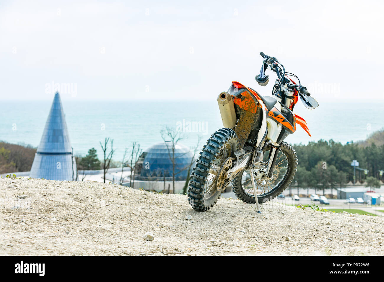 Sport motorcycle parking on the road. Side view, close up Stock Photo ...