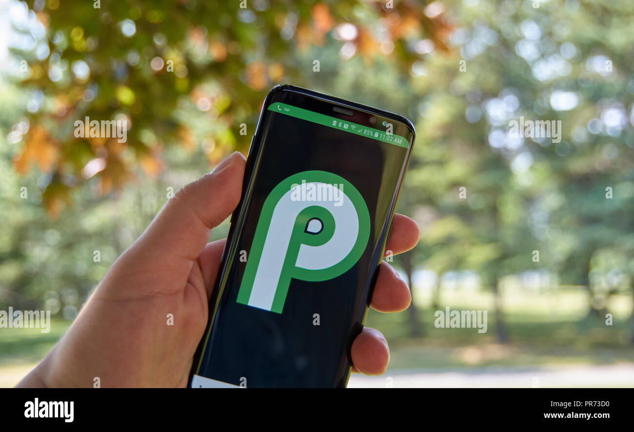 MONTREAL, CANADA - AUGUST 8, 2018: Android P opperating system logo on ...