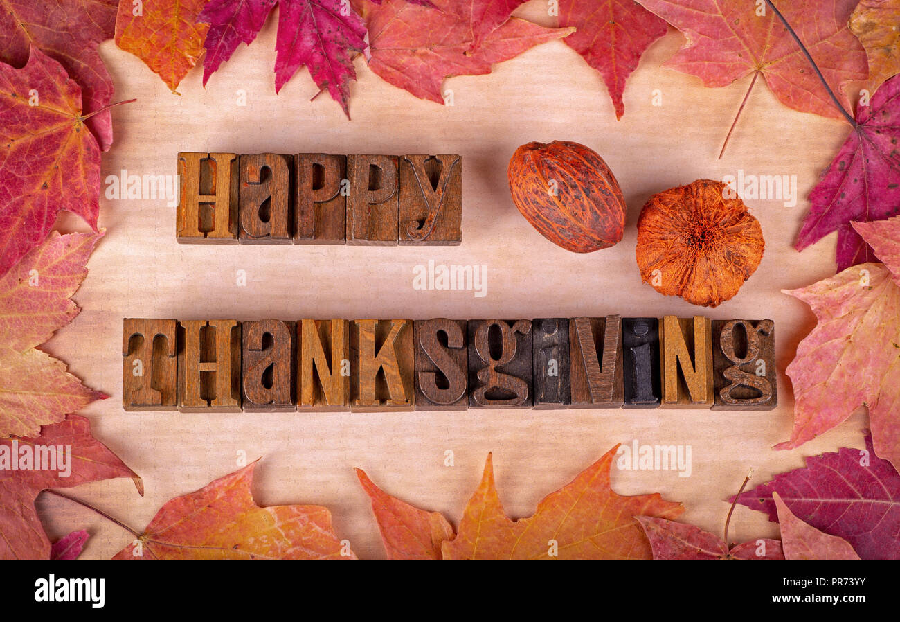 Happy Thanksgiving text written with wooden block letters surrounded by ...