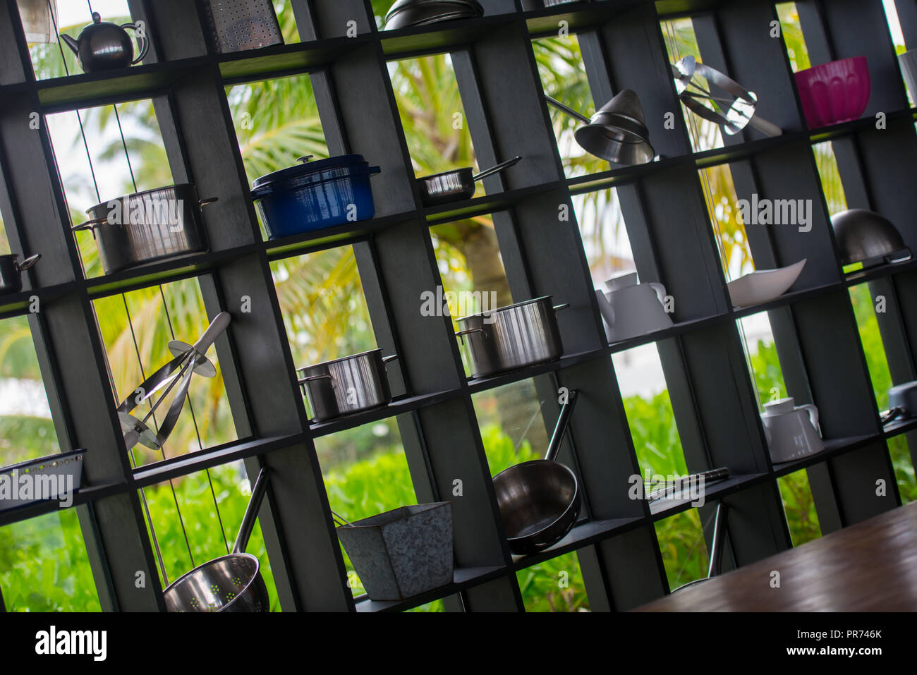 modern restaurant outdoor kitchen cookware decoration background Stock ...