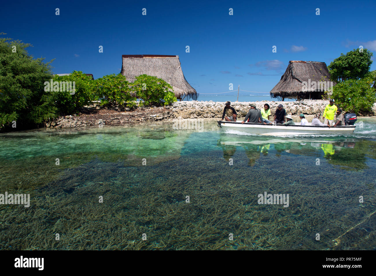 Micronesians on a boat cross a shallow coral reef, mostly Acropora sp ...