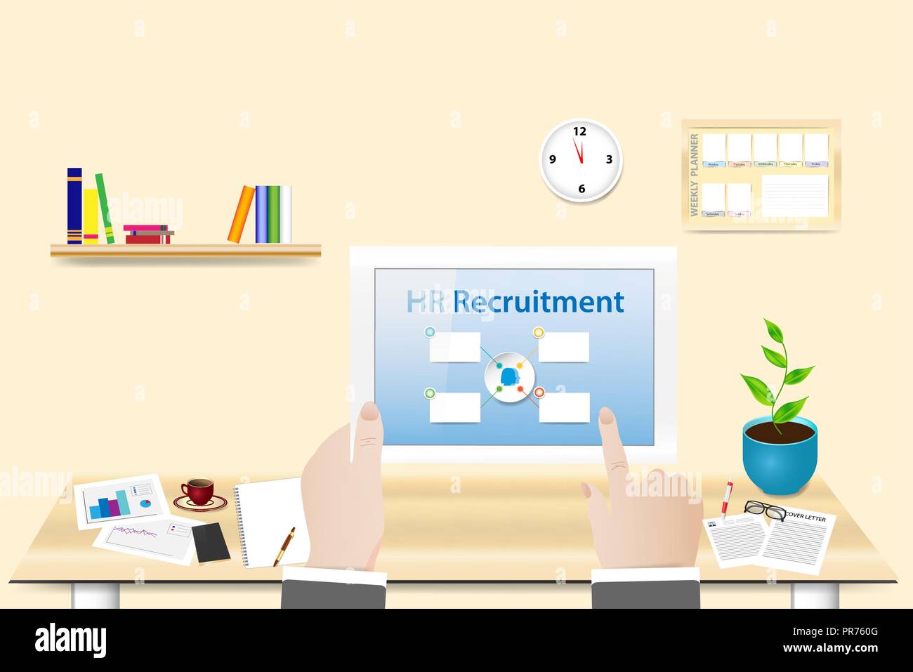 Human Resources concept showing personal manager in his workplace ...