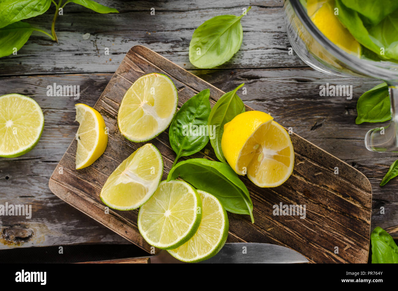 Fresh lime and lemons, ready to serve in drink, food photography ...