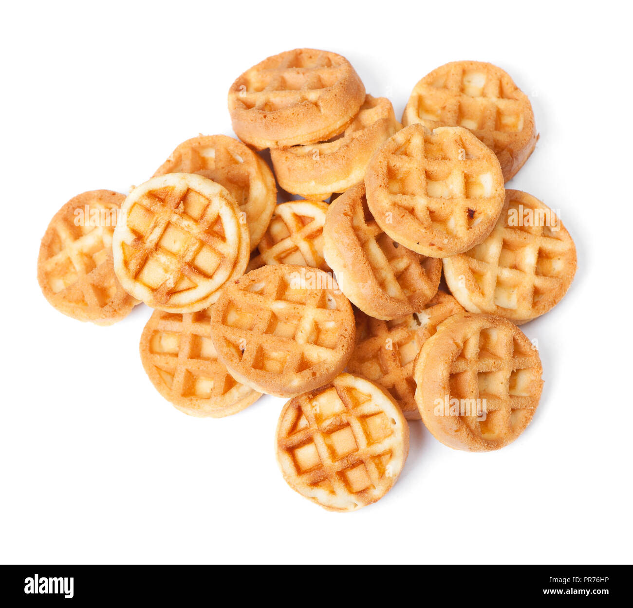 Group of tasty round mini waffles isolated on white background Stock ...
