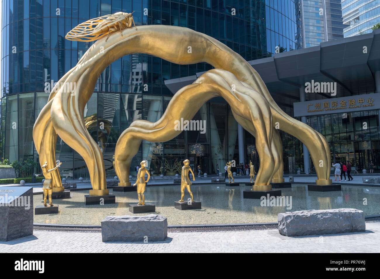modern art, golden, in front modern finance building, shapes Stock ...