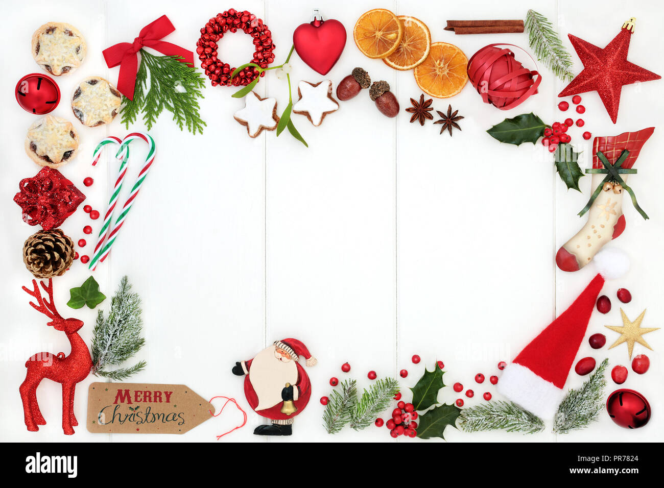 Christmas background border composition with traditional symbols of ...