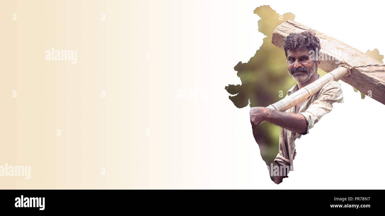 Map of India shows Indian farmer portrait holding plow on white ...