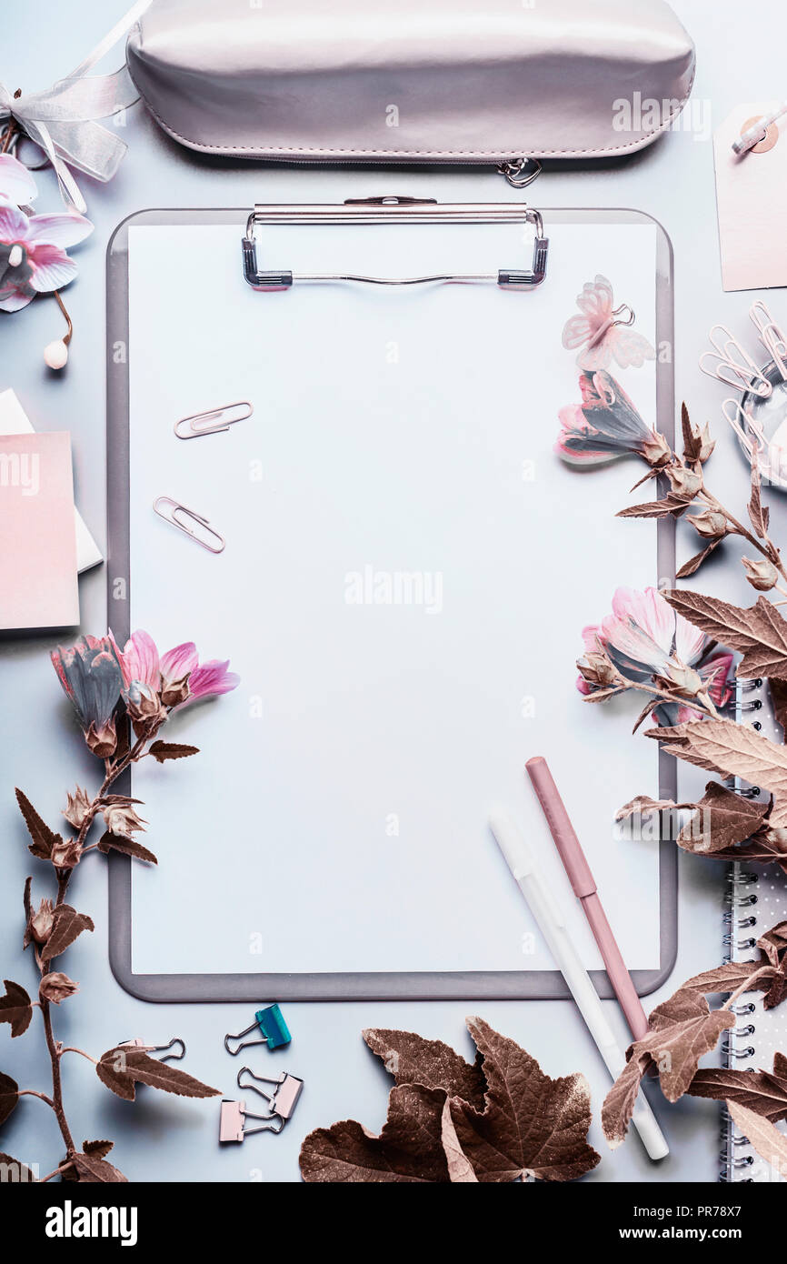 Modern desktop background with gray clipboard, blank paper sheet ...
