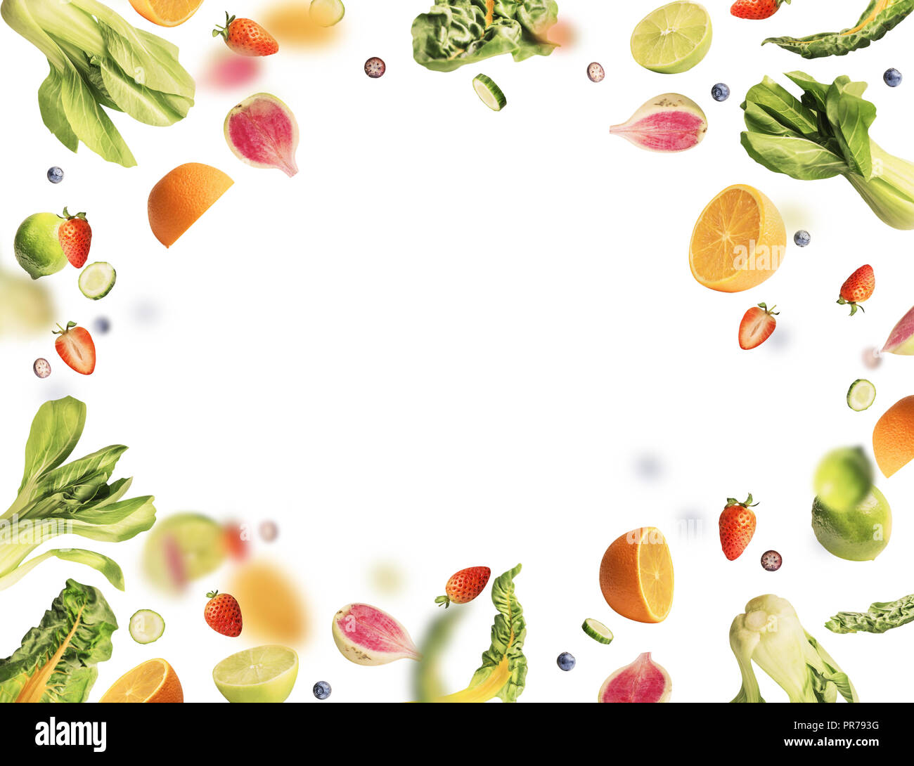 Flying fruits and vegetables ingredients on white background . Healthy ...