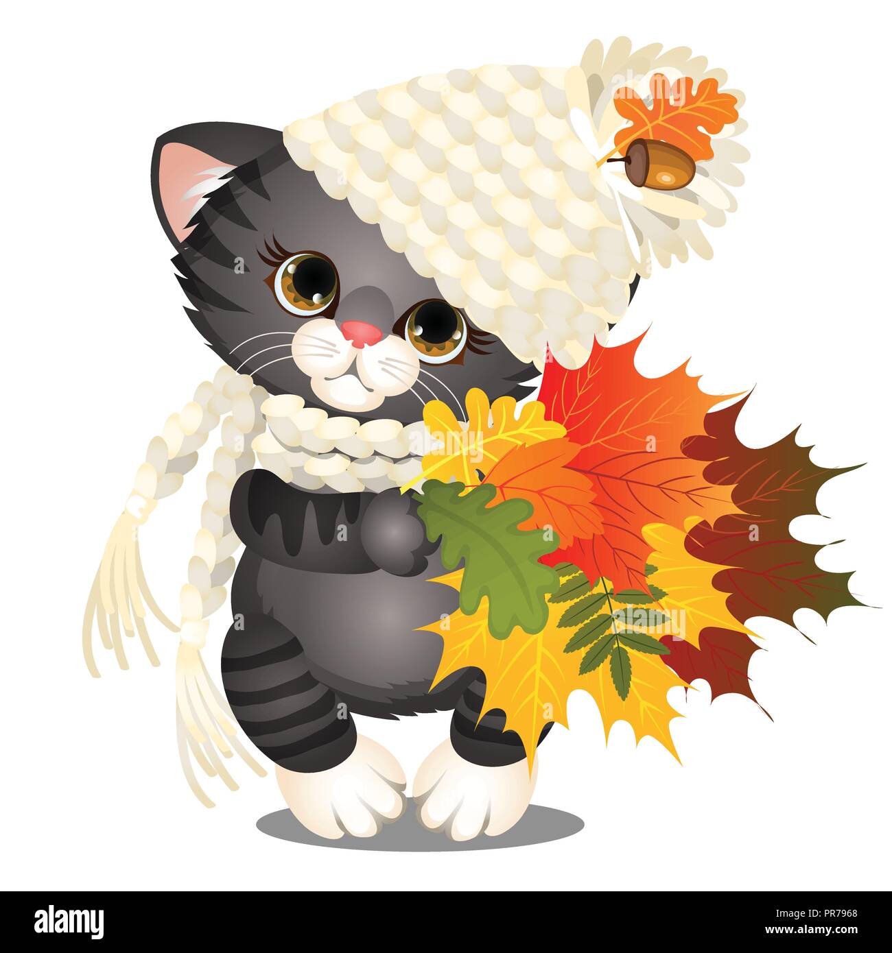 Animated cute grey kitten in a warm knitted hat with pompom holding in ...