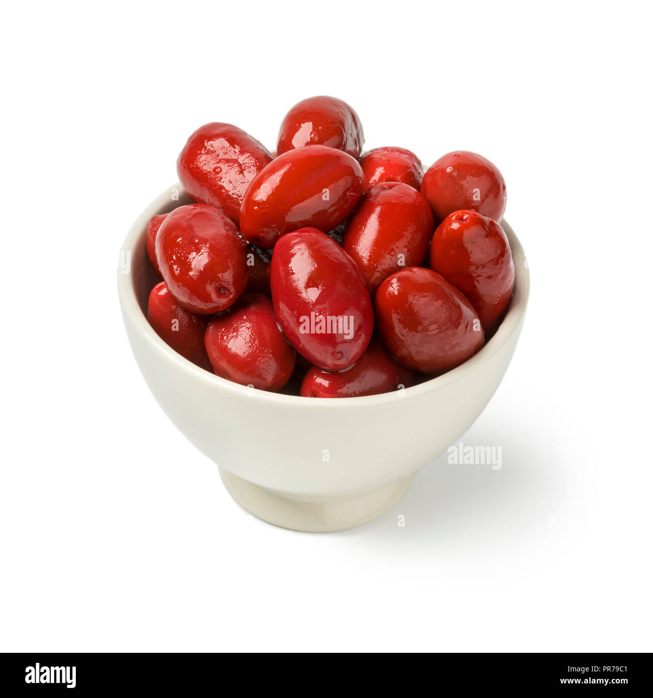 Single bowl with red Italan Bella olives isolated on white background ...