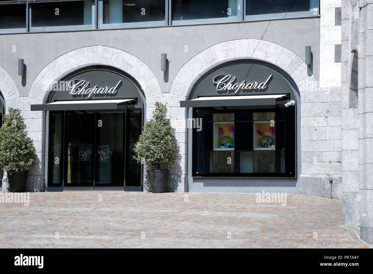 Sankt Moritz, Switzerland: shopping windows with luxury fashion and ...