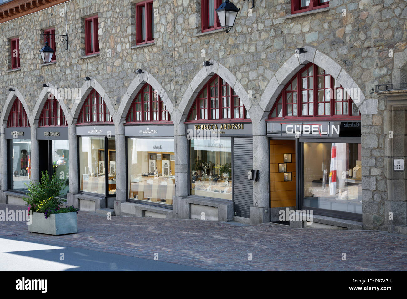 Sankt Moritz, Switzerland: shopping windows with luxury fashion and ...