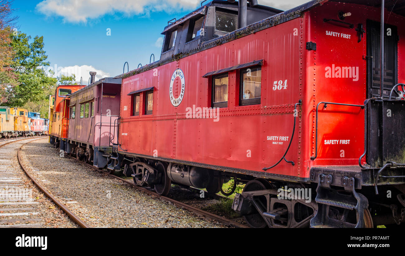 A colorful collection of old vintage train cabooses in Tilton, New ...