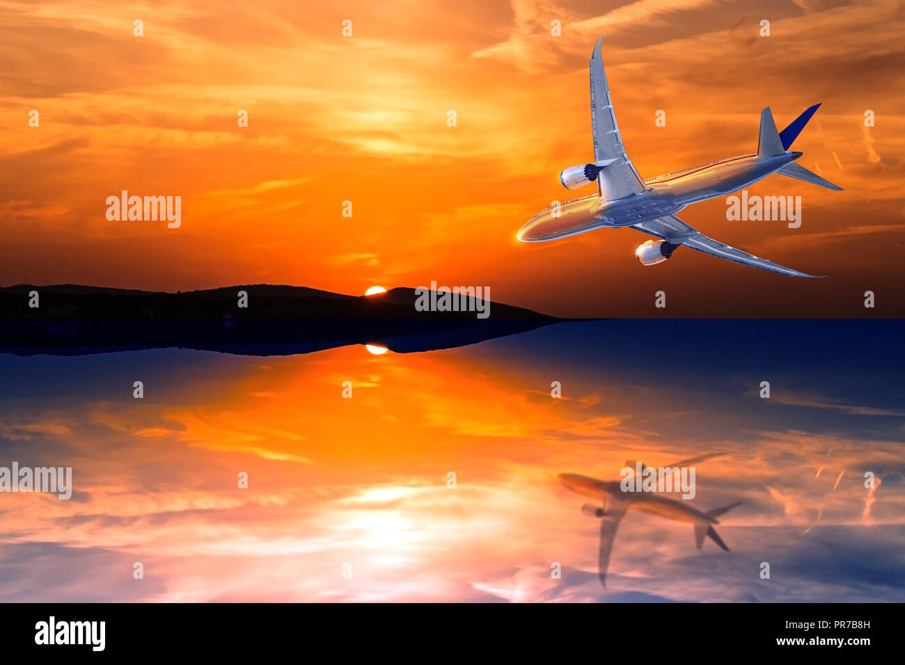 Airplane flying toward sun at sunset or sunrise at sea Stock Photo - Alamy