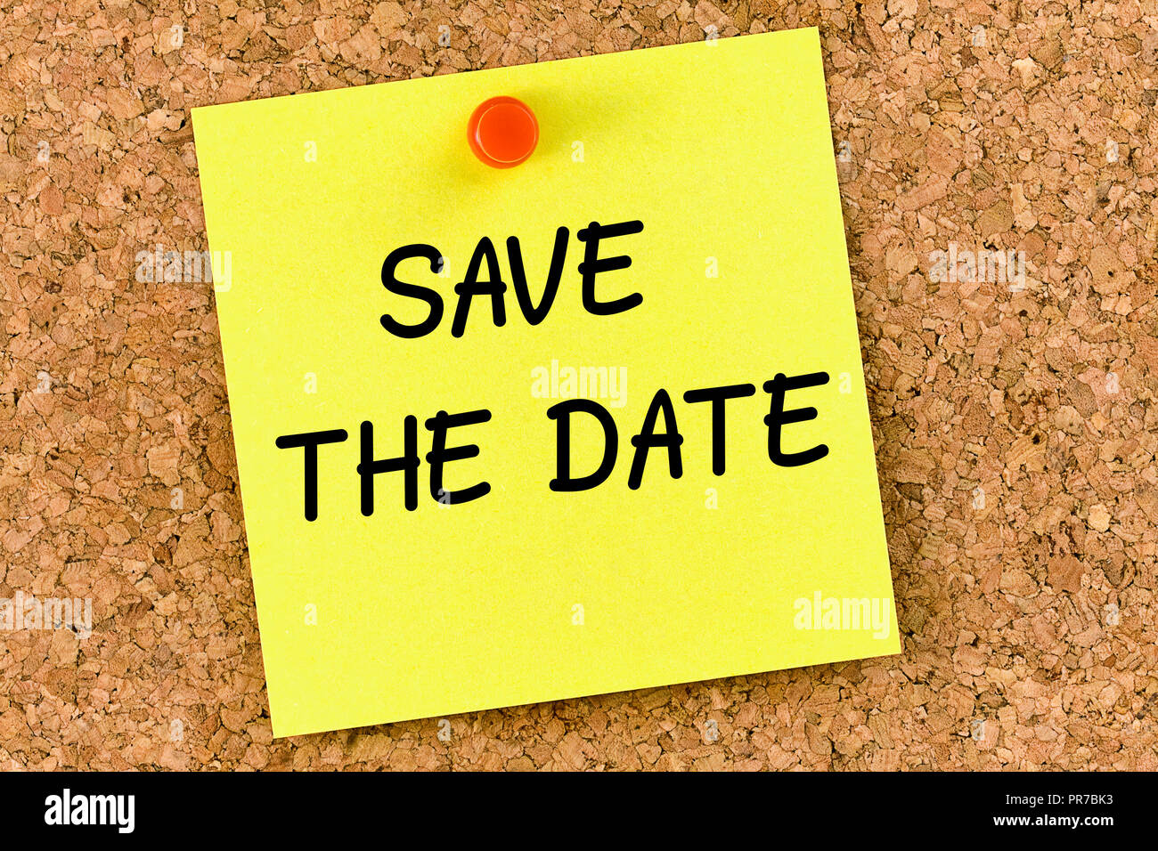 Save the date PostIt Note Pinned To Cork Board or corkboard Stock Photo ...