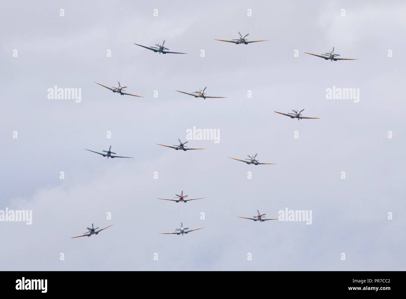 Mass formation of World War II Supermarine Spitfires, flying at the IWM ...