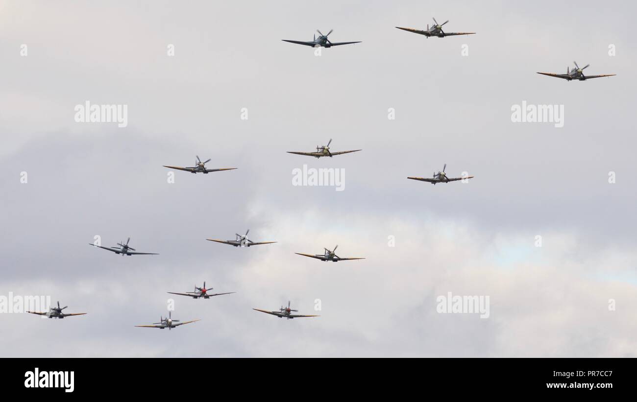 Mass formation of World War II Supermarine Spitfires, flying at the IWM ...