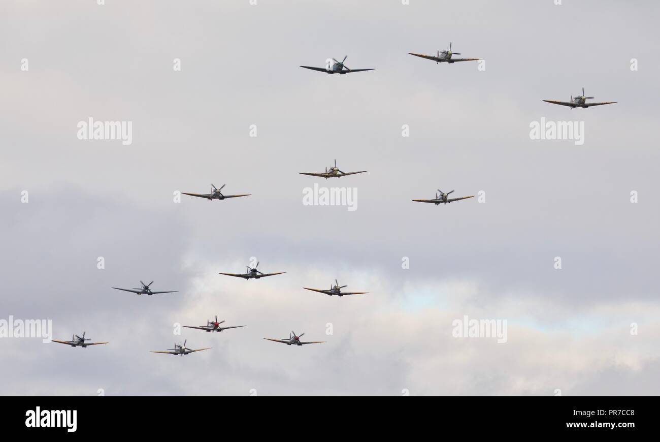 Mass formation of World War II Supermarine Spitfires, flying at the IWM ...