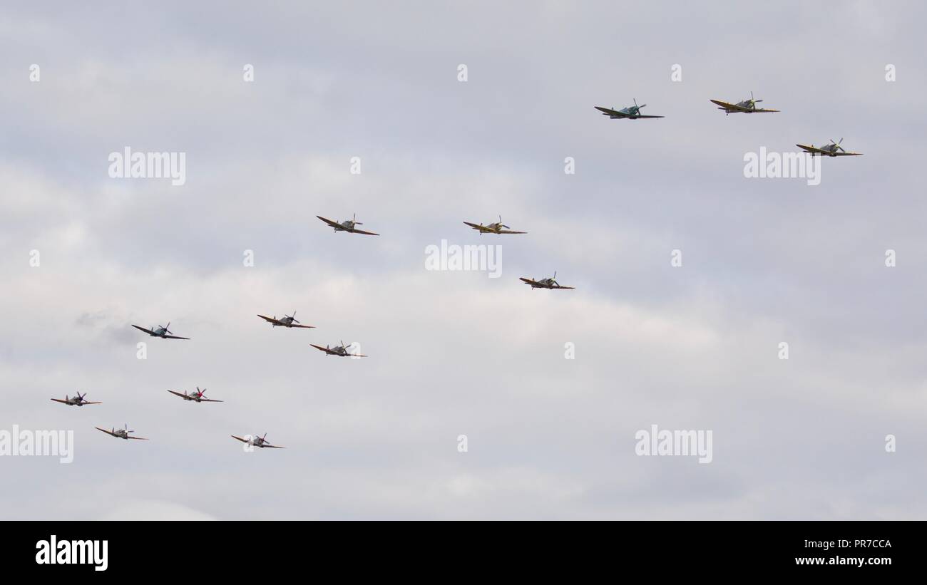 Mass formation of World War II Supermarine Spitfires, flying at the IWM ...