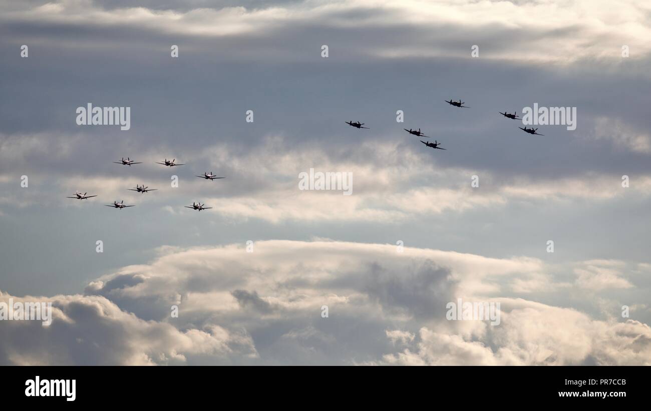 Mass formation of World War II Supermarine Spitfires, flying at the IWM ...