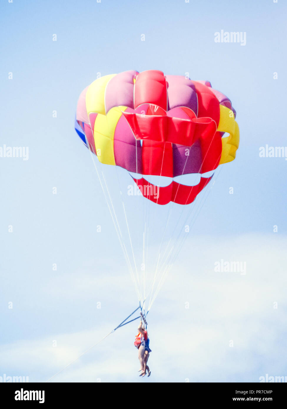 two paratroopers in the sky, under one parachute, they are pulled by a ...