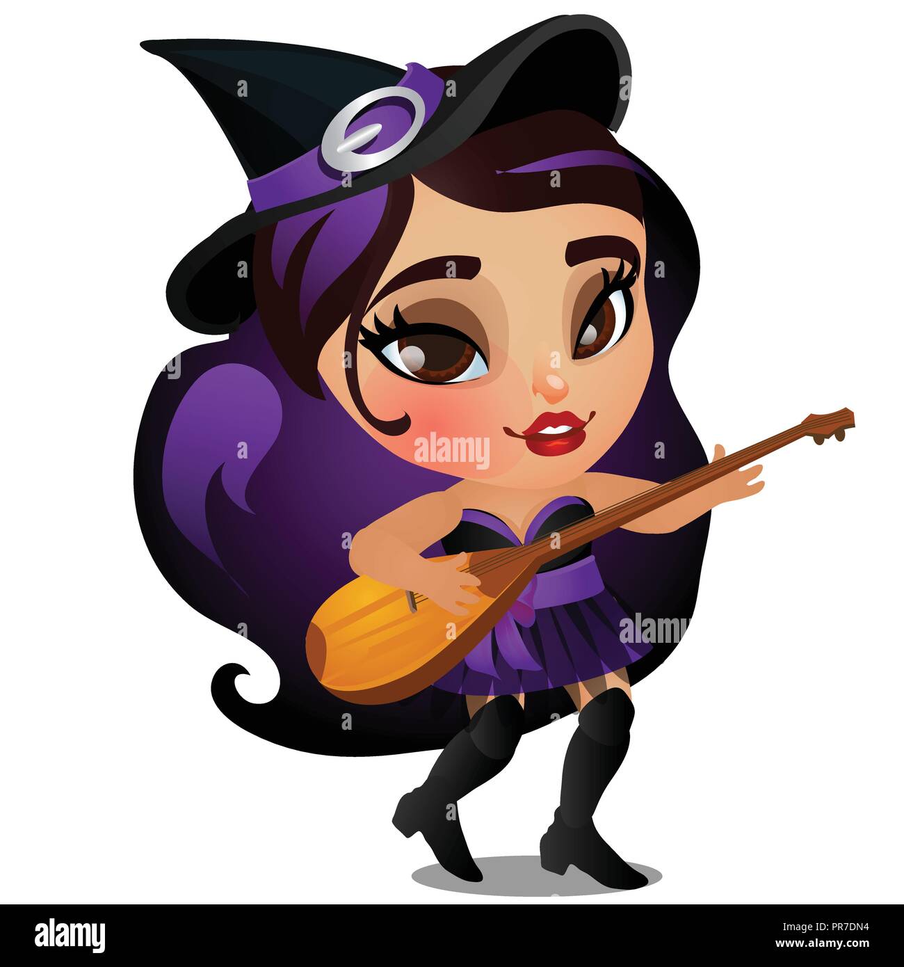 Young brunette girl in a witch hat playing a musical instrument ...