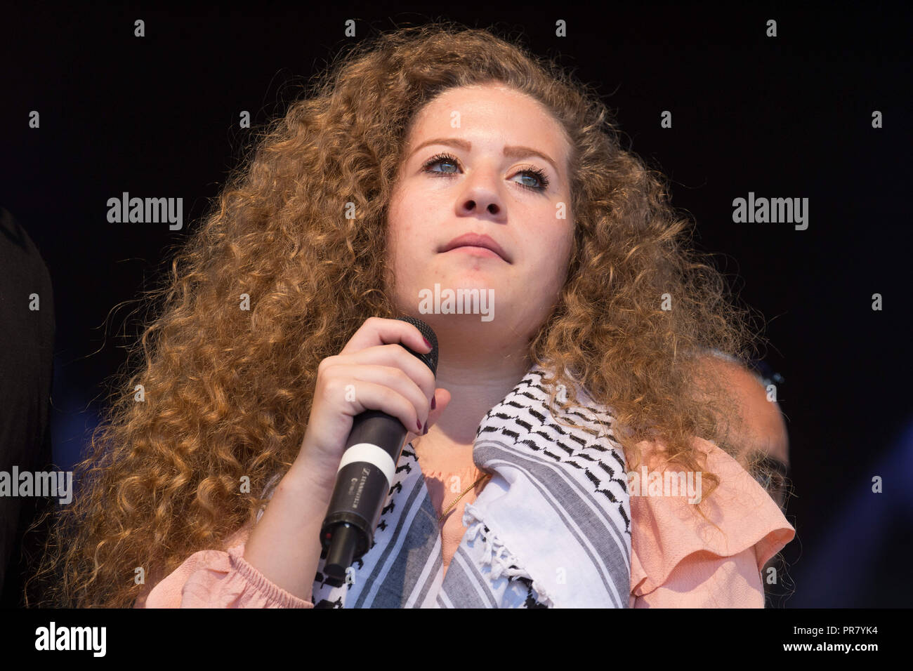 Madrid, Spain. 29th Sep, 2018. Ahed Tamimi seen speaking during the ...