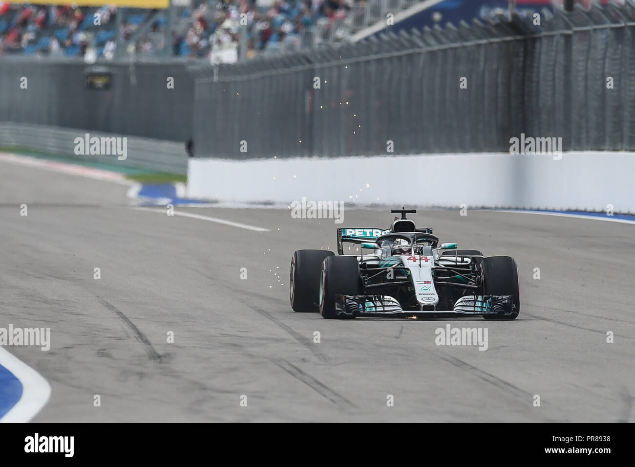Sochi, Russia. 30th September 2018. Lewis Hamilton of Mercedes drives ...