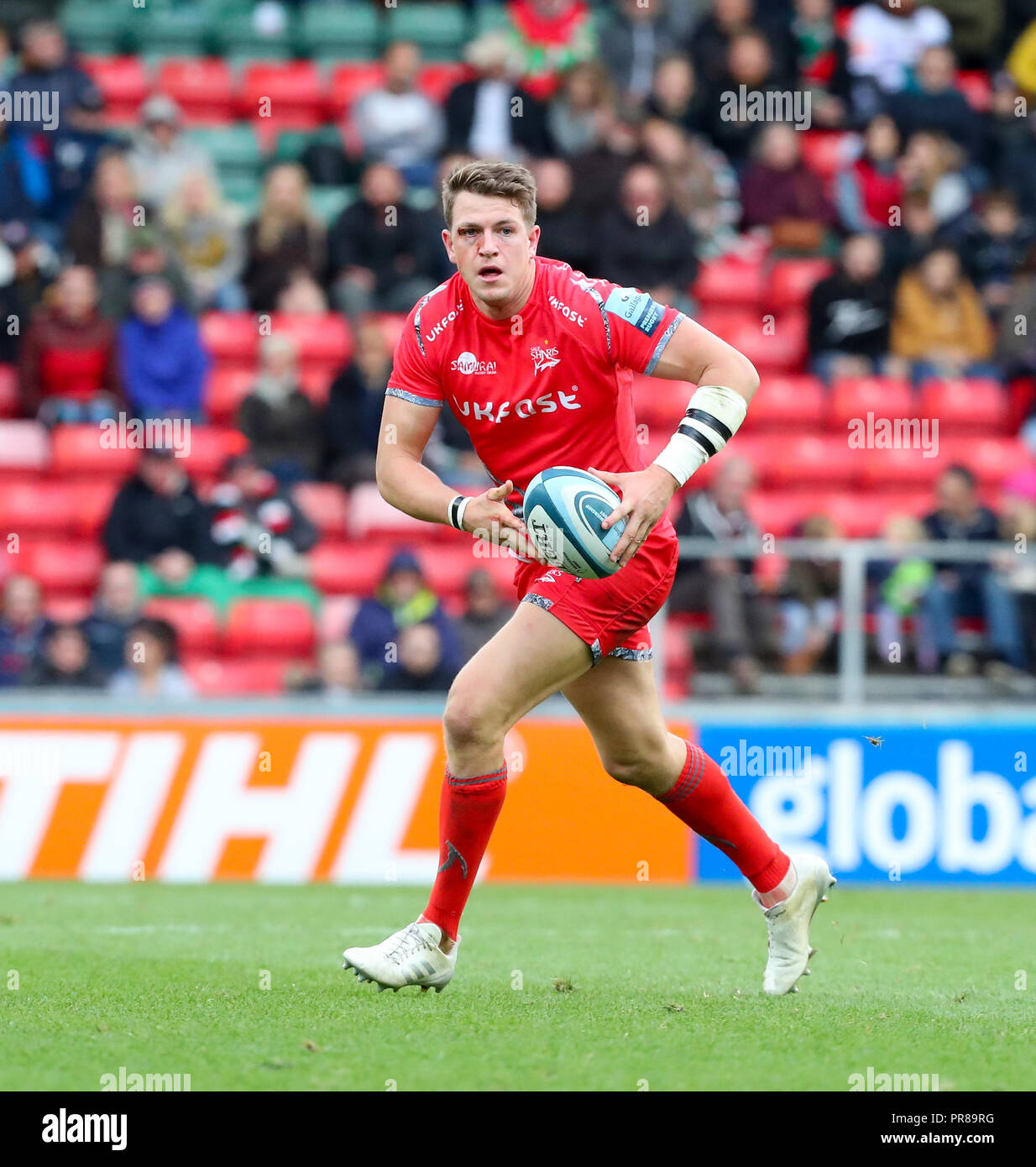 Leicester, UK. 30 September 2018. Sam James makes a break for Sale ...