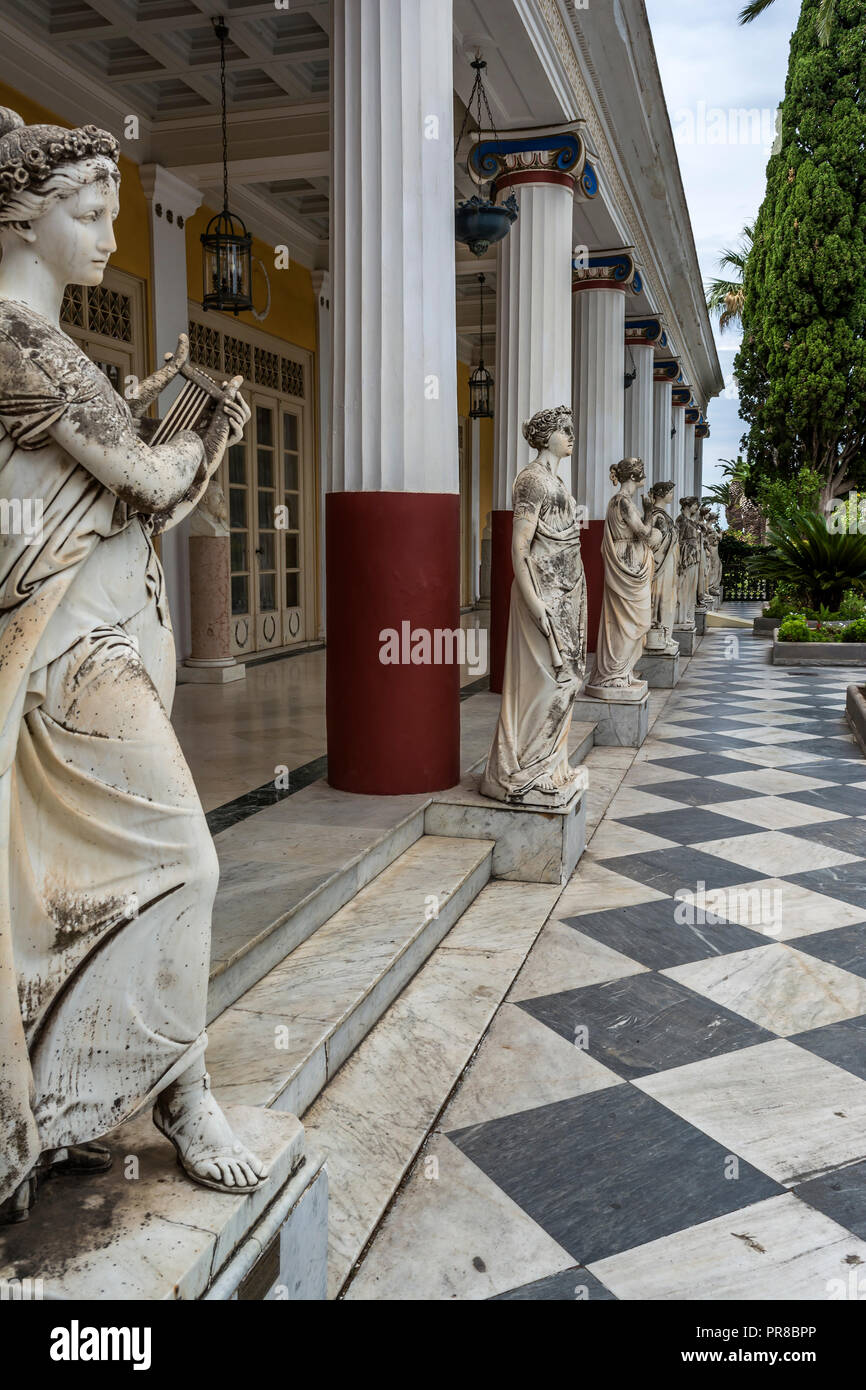Achilleion palace, Corfu, Greece - August 24, 2018: Statues of the nine ...