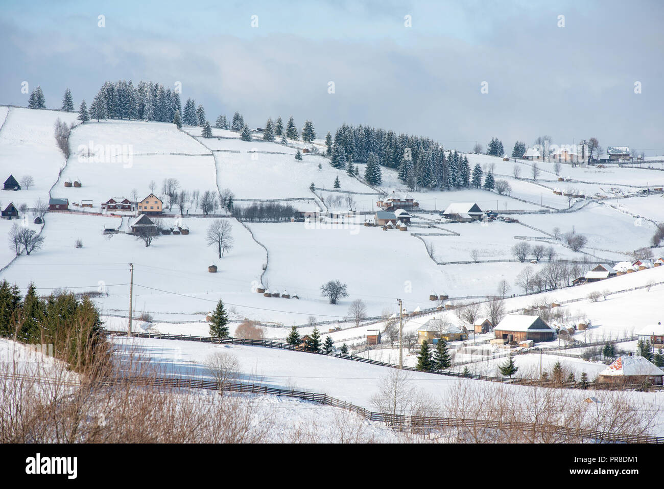 Winter countryside landscape with snow covered trees and hills Stock ...