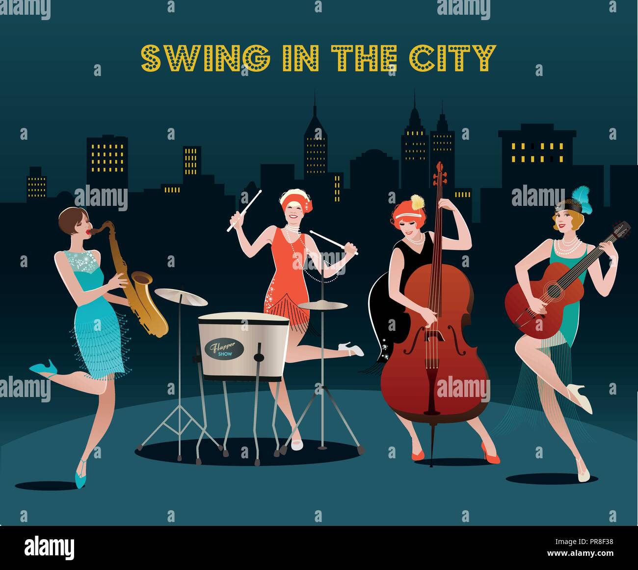 Four flapper girls playing jazz, swing o charleston music on city night ...