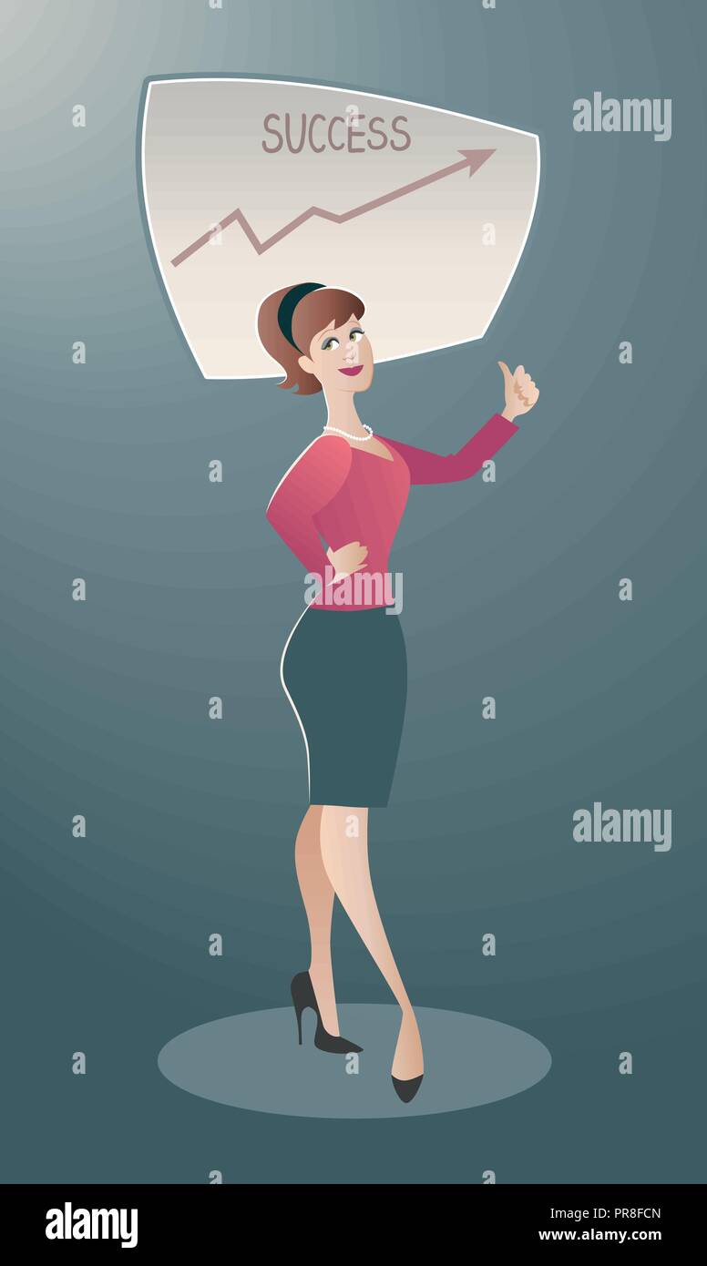 Business woman proud of her success. Cartoon retro style 50's and 60's ...