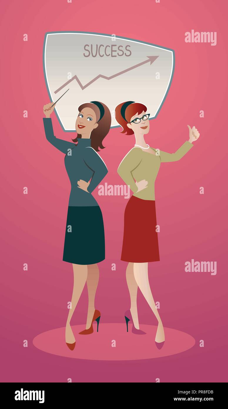Two business women proud of their success. Cartoon retro style 50's and ...