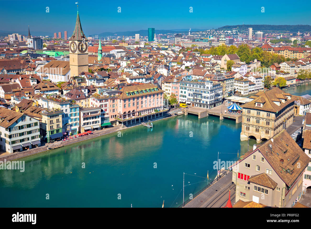 Zurich and Limmat river waterfront aerial view, largest city in ...