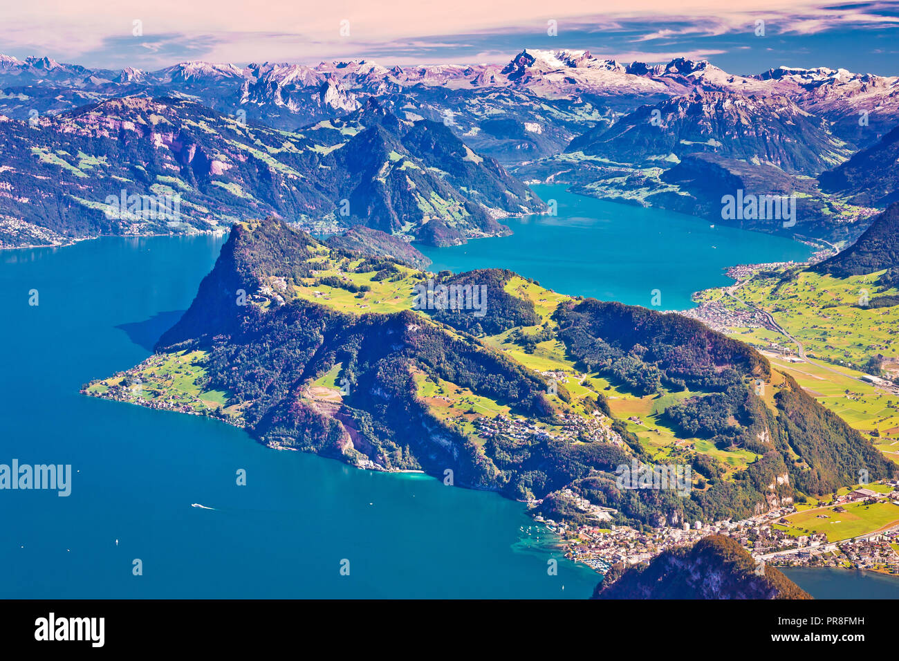 Lake Luzern and Alps mountain peaks aerial view from Mount Pilatus ...