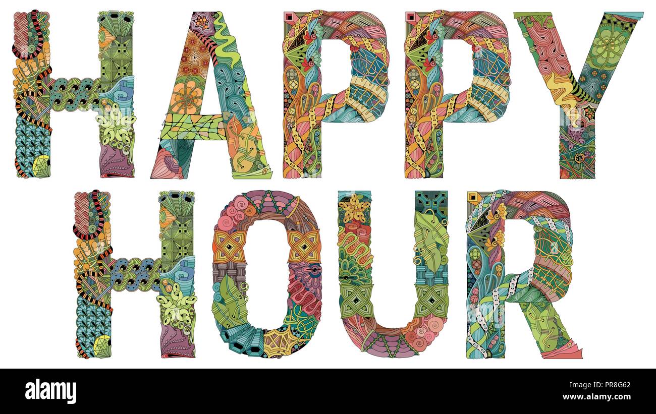 Hand-painted art design. Hand drawn illustration word HAPPY HOUR for t ...