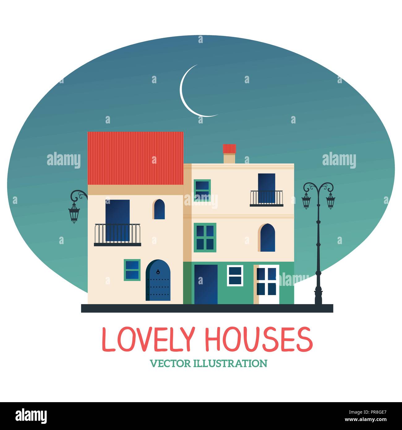 Lovely Houses under the moon. Vector illustration isolated on white ...