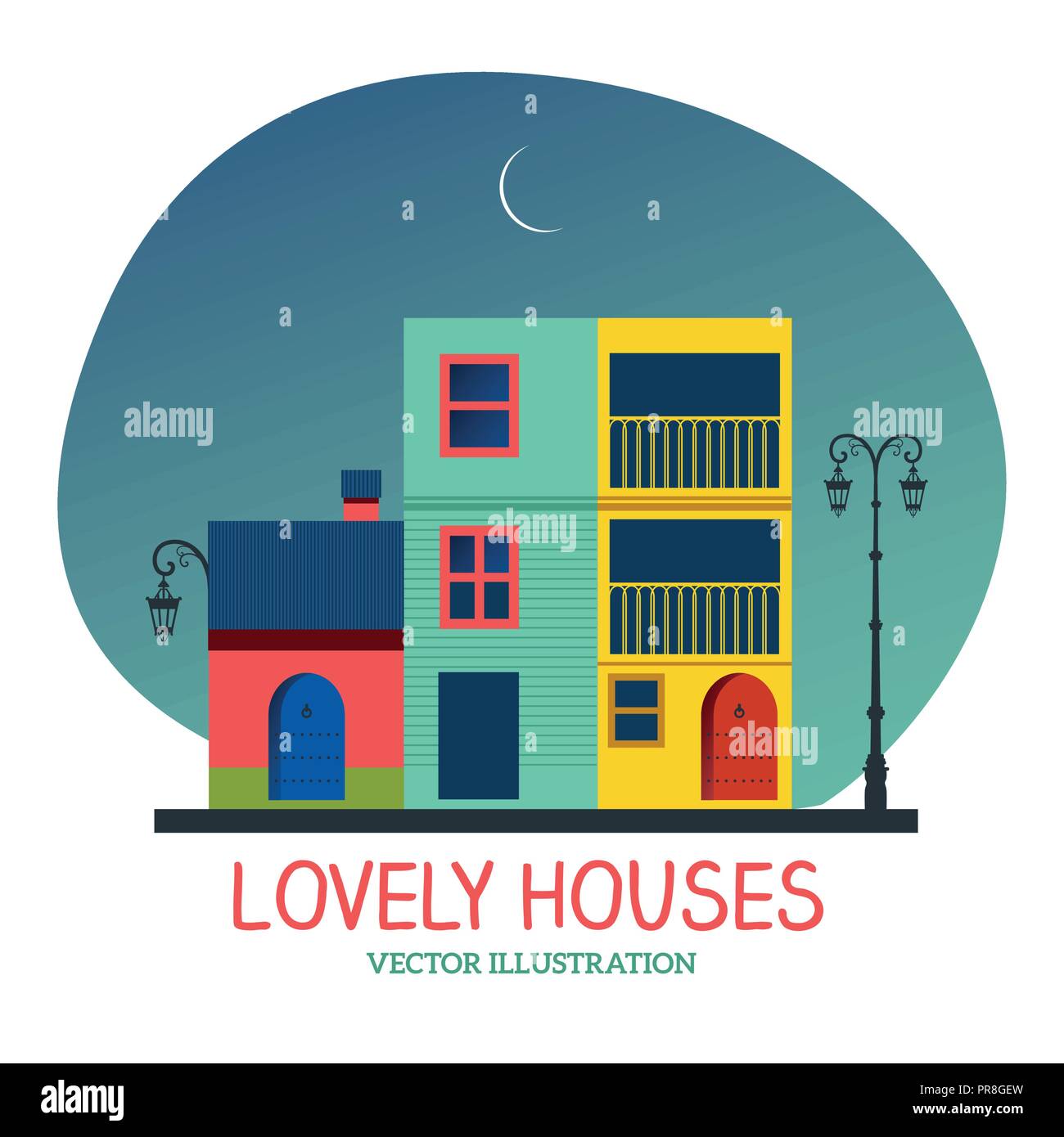 Lovely Houses under the moon. Vector illustration isolated on white ...