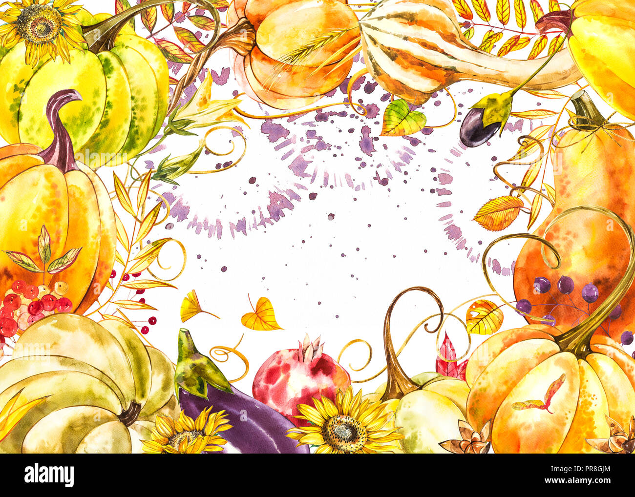 Autumn leaves and pumpkins border frame with space text on white ...