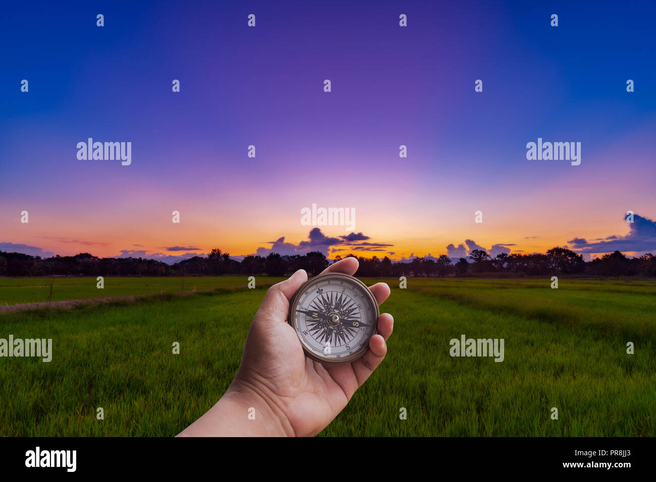 A man holding compass on hand at field and sunset for navigation guide ...