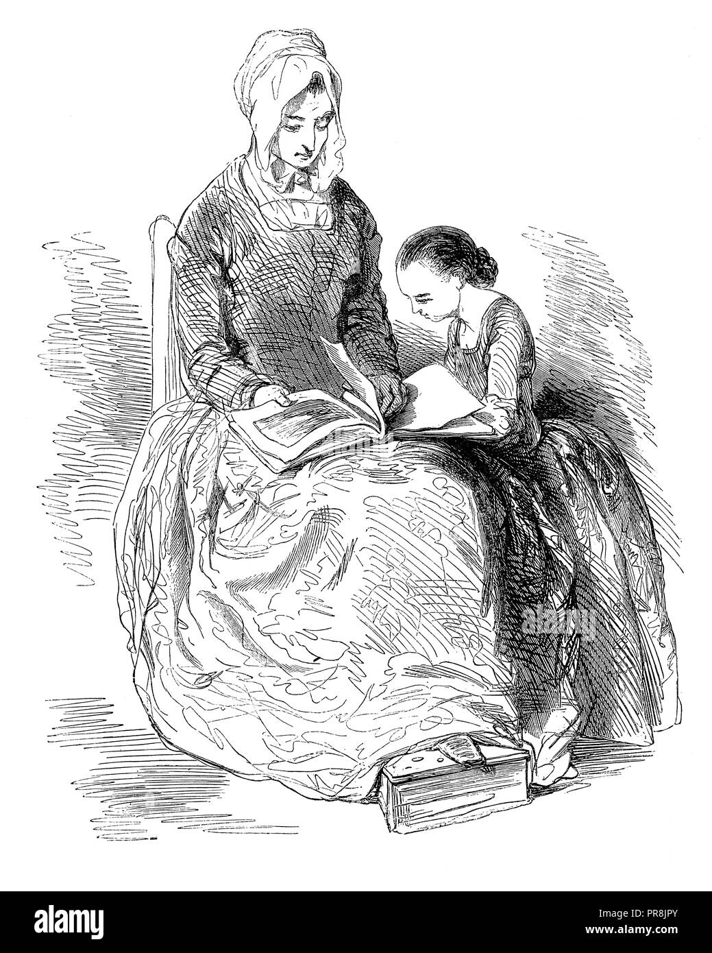 19th century illustration of two women reading a book. Drawing by ...