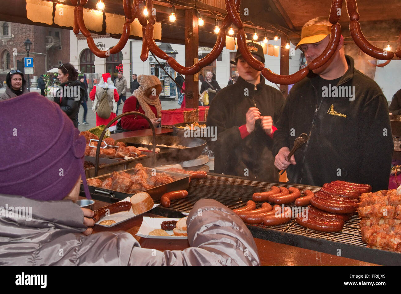 Hot sausages and shashlik or shish kebab at food stand at street fair ...